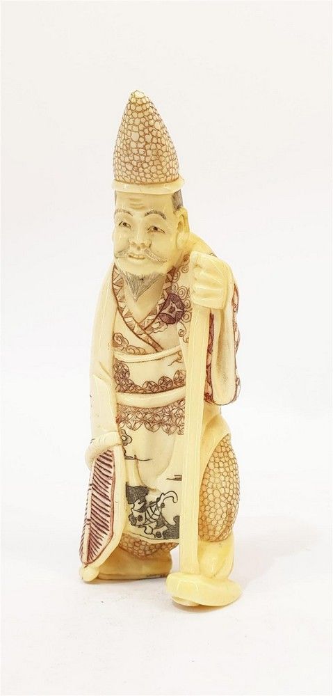Japanese Carved Sage Okimono with Staff, 9 cm Height - Okimono - Oriental