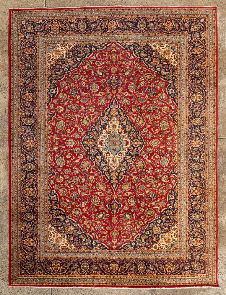 Persian Kashan Rug with Elongated Chandelier Medallion in Blue - Rugs ...