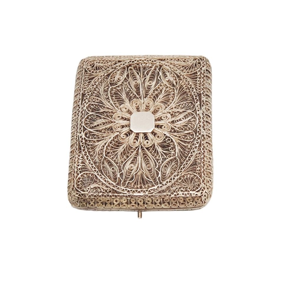 Silver Filigree Cigarette Case with Foliate Design and Cartouche ...