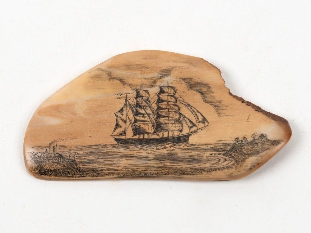 Tallship Scrimshaw Fragment with Scrimshander's Card, 20th Century ...