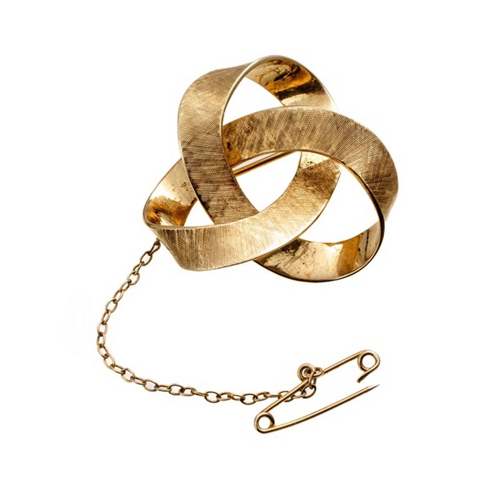 Textured 18ct Gold Loop Brooch with Safety Chain - Brooches - Jewellery