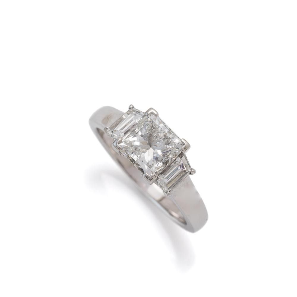 Platinum Three Stone Diamond Ring with Fancy Trapezoid Shoulders ...