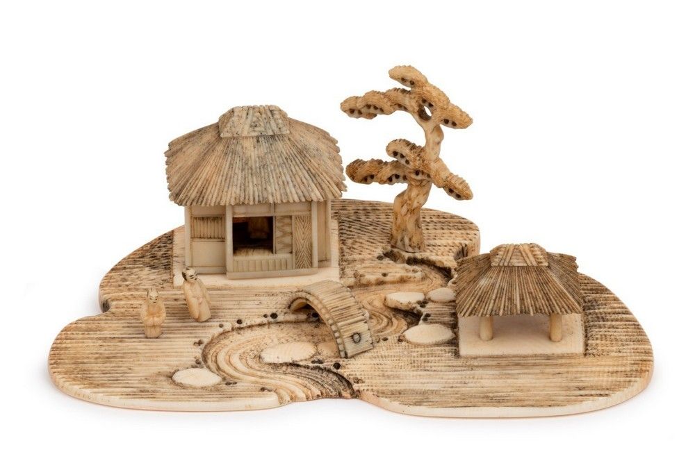 Japanese Miniature Carved Ivory Village Landscape, Meiji Period - Ivory ...