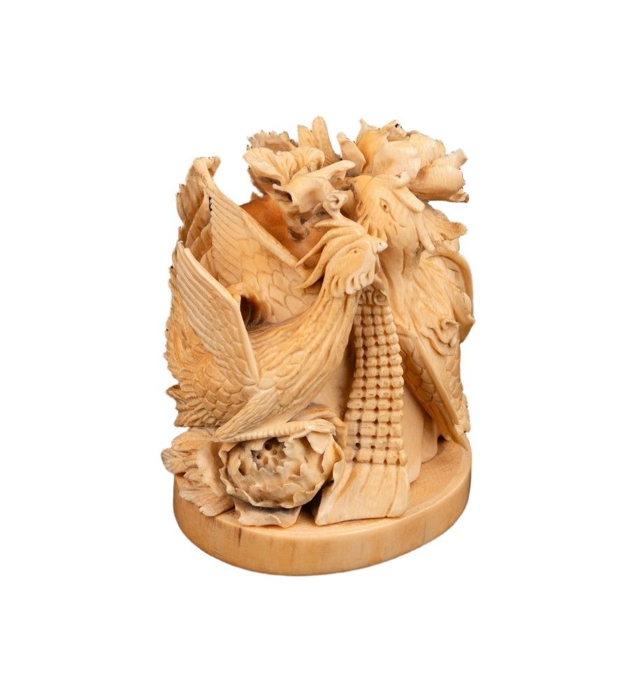 Chinese Ming-style carved ivory phoenix birds and flowers figure group ...