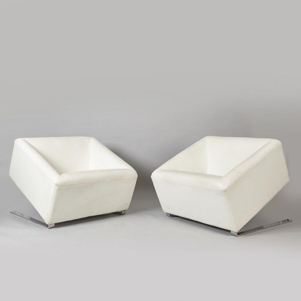 A Pair Of Modernist Cube Chairs Angular Form Raised On Solid New Zealand Furniture Post 1950