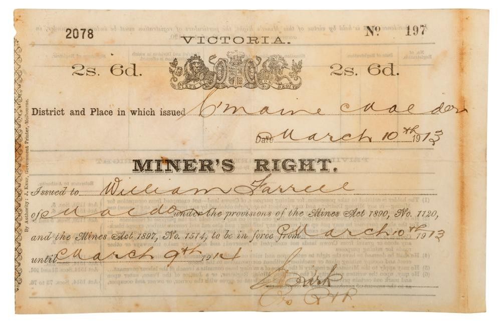 1913 Miner's Right No.197 issued to William Farrell, Castlemaine-Maldon ...