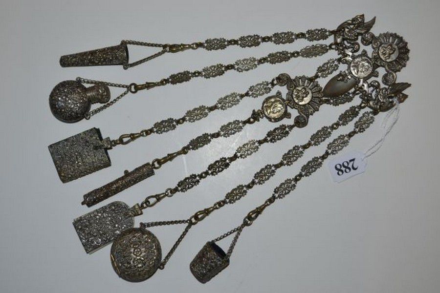 Ornate Chatelaine with Filigree Chains and Mythical Figures ...