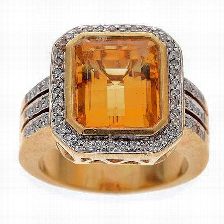 Rectangular Citrine and Diamond Dress Ring in 18ct Gold - Rings - Jewellery