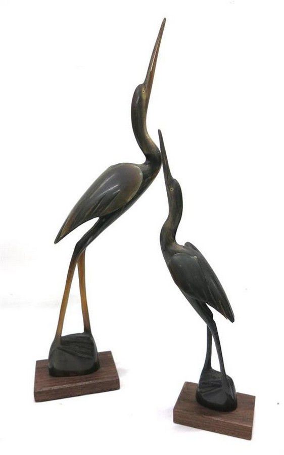Carved Horn Stork Figures with Timber Bases