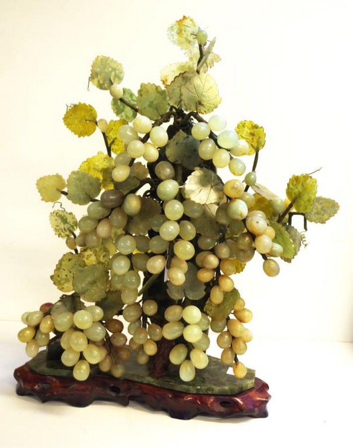 Carved Jade Grape Vine Centrepiece with Wood Stand - Jade - Oriental