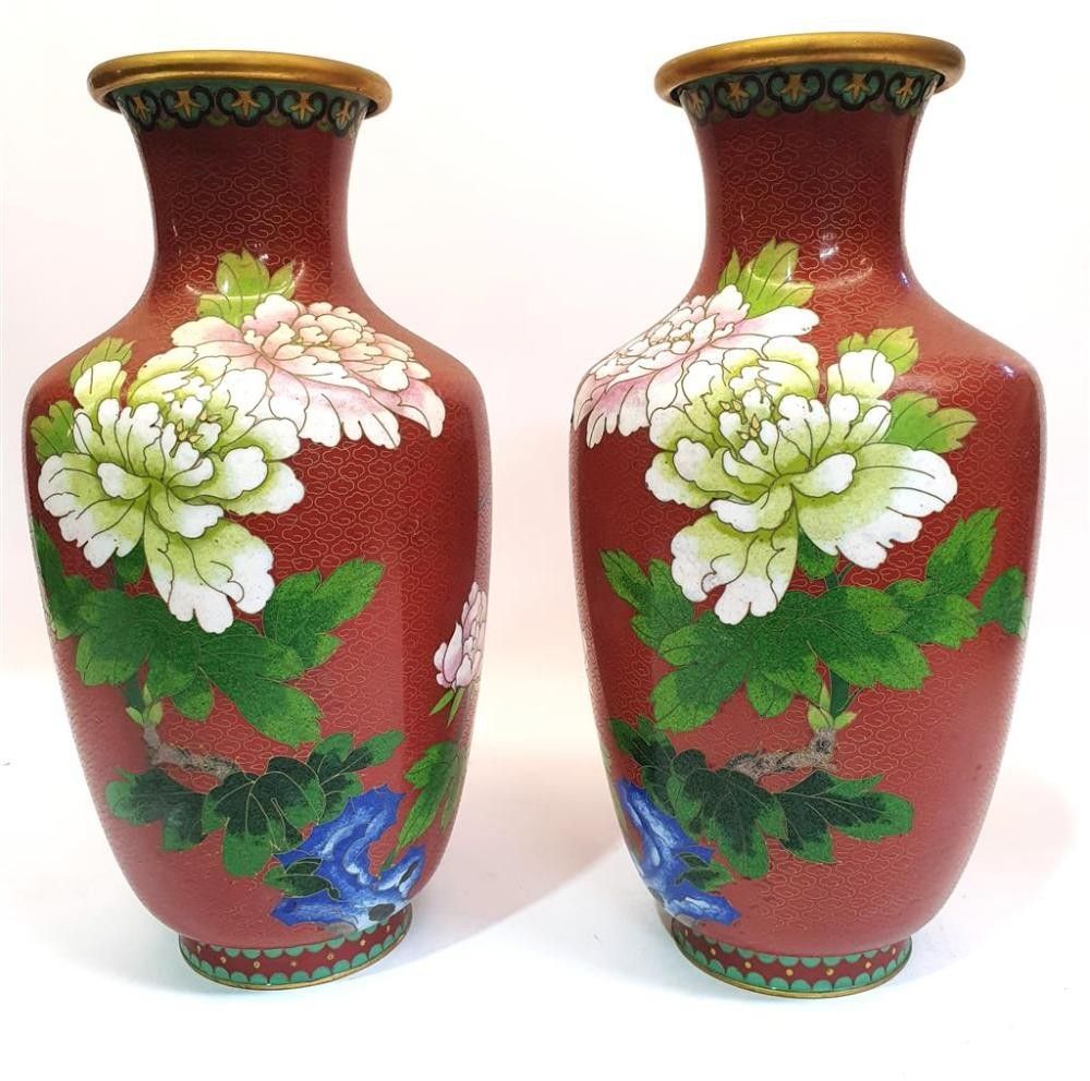 Chinese cloisonne pigeon blood vases with chrysanthemum and butterflies ...