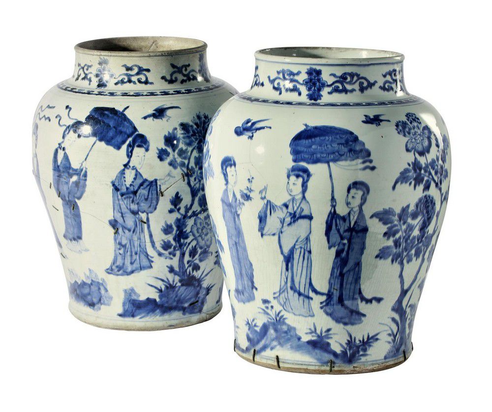Blue Ming/Transitional Chinese Porcelain Jars with Courtly Ladies ...