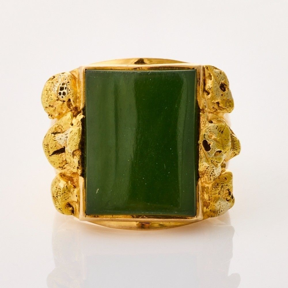 Nephrite Jade Gold Ring with Nugget Design Shoulders, Size W - Rings ...