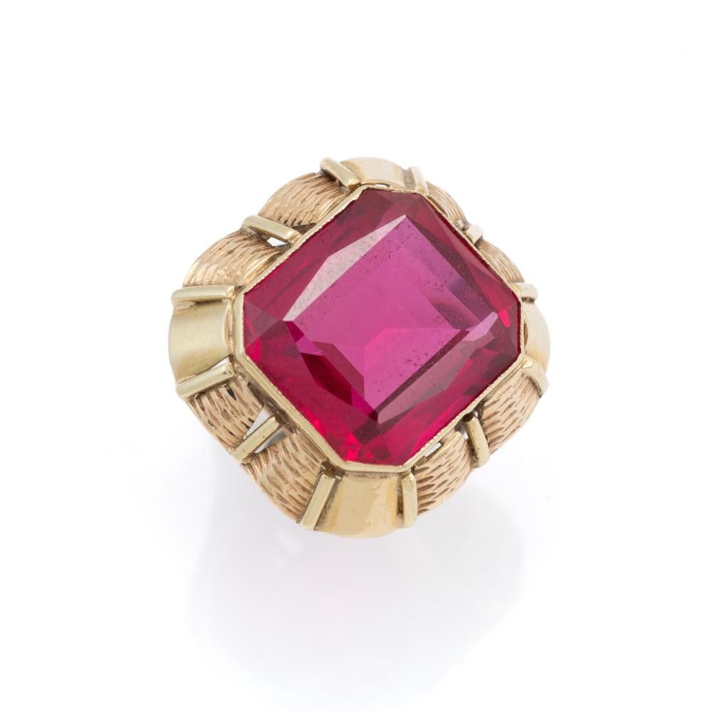 Retro 14ct Gold Synthetic Ruby Ring with 17.5ct Radiant - Rings - Jewellery