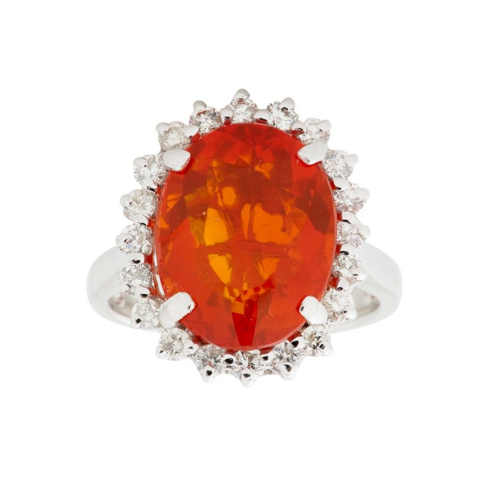 Fire Opal and Diamond Cluster Ring in White Gold - Rings - Jewellery