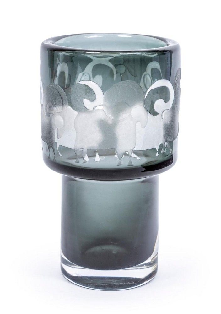 Kosta Smoky Glass Vase with Rams Etching, Swedish 20th Century ...