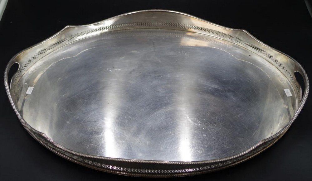 Silver Oval Tray with Decorative Gallery and Dual Handles - Trays ...