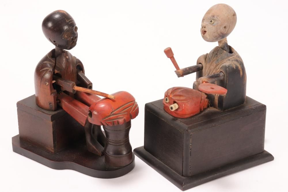 Japanese Kobe automaton toys: Seated figures hitting objects ...