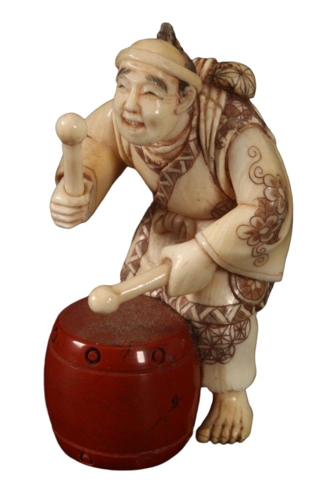 Japanese Ivory Netsuke: Figure Playing Red Lacquer Drum, Signed ...