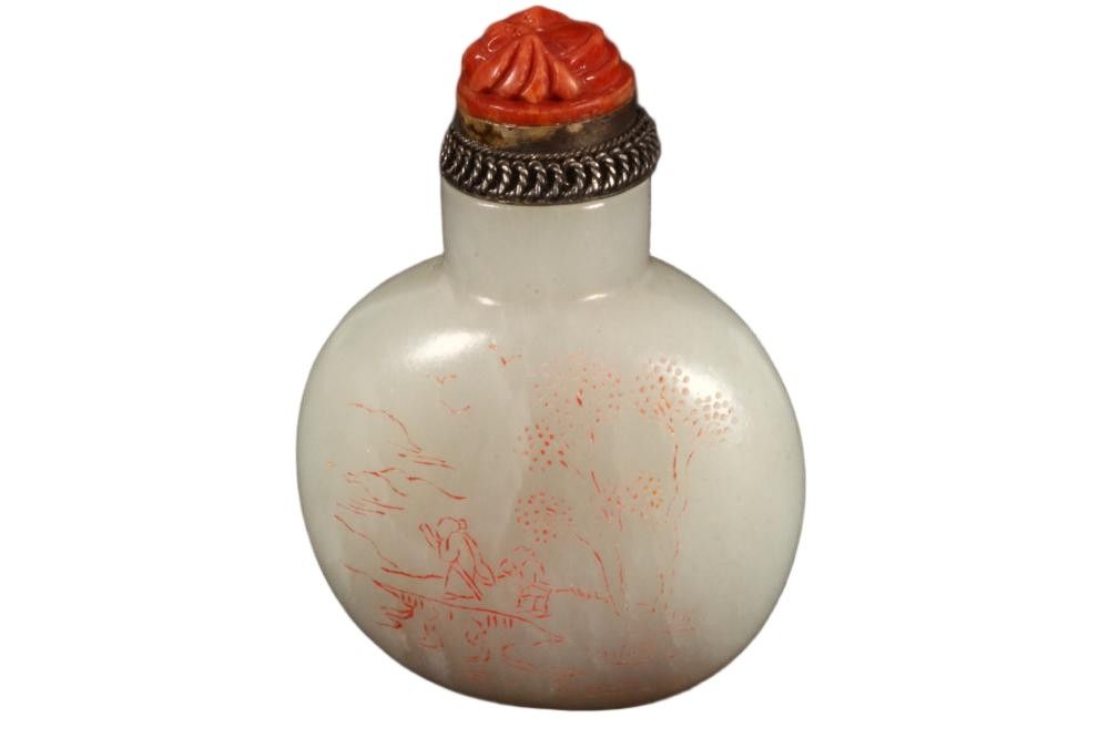 Chinese Jade Pilgrim Snuff Bottle with Incised Landscape Scene - Snuff ...