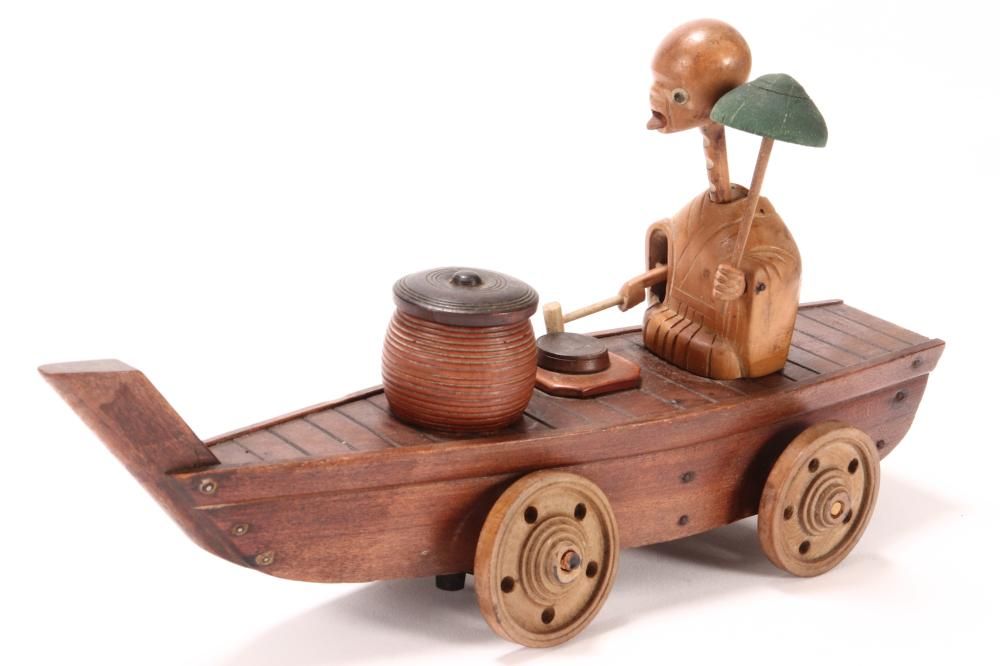 Meiji Kobe Automaton Toy: Musician in Boat with Snake - Clockwork ...