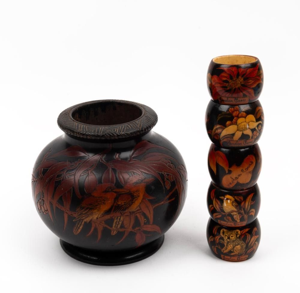 Vintage Pokerwork Vase and Napkin Rings Set with Kookaburra Design ...