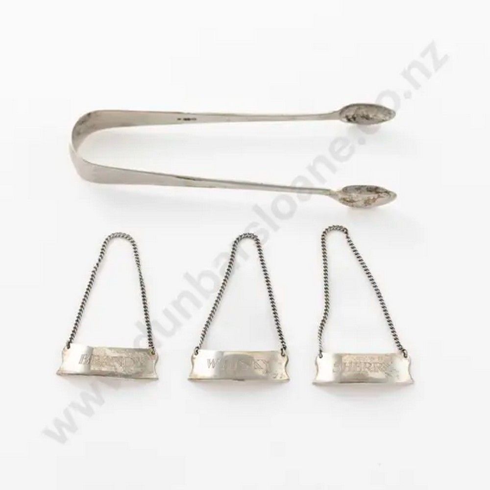 Victorian Sterling Silver Sugar Tongs & Modern Decanter Labels - Wine ...
