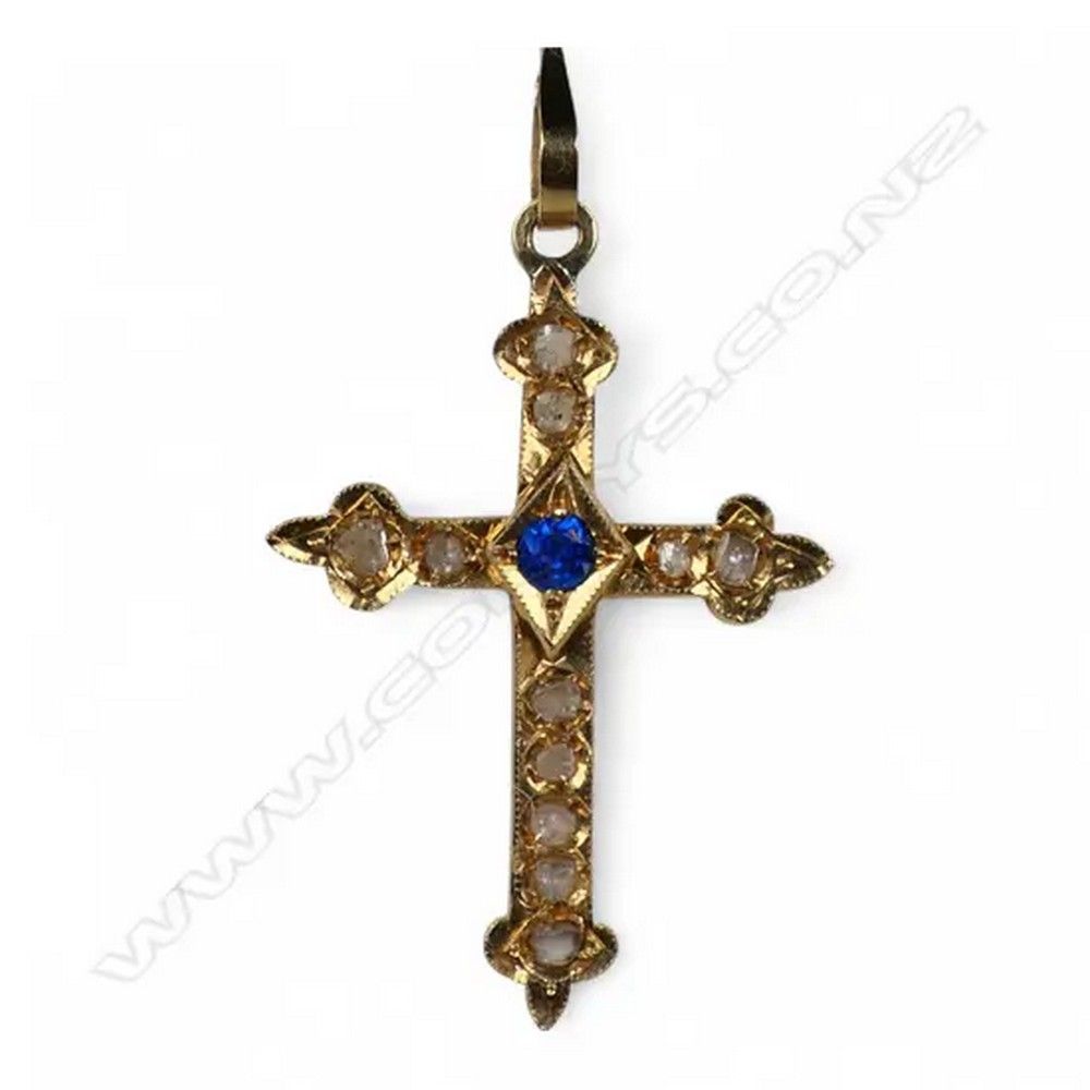 18ct Gold Cross Pendant with Sapphire and Diamonds - Pendants/Lockets ...