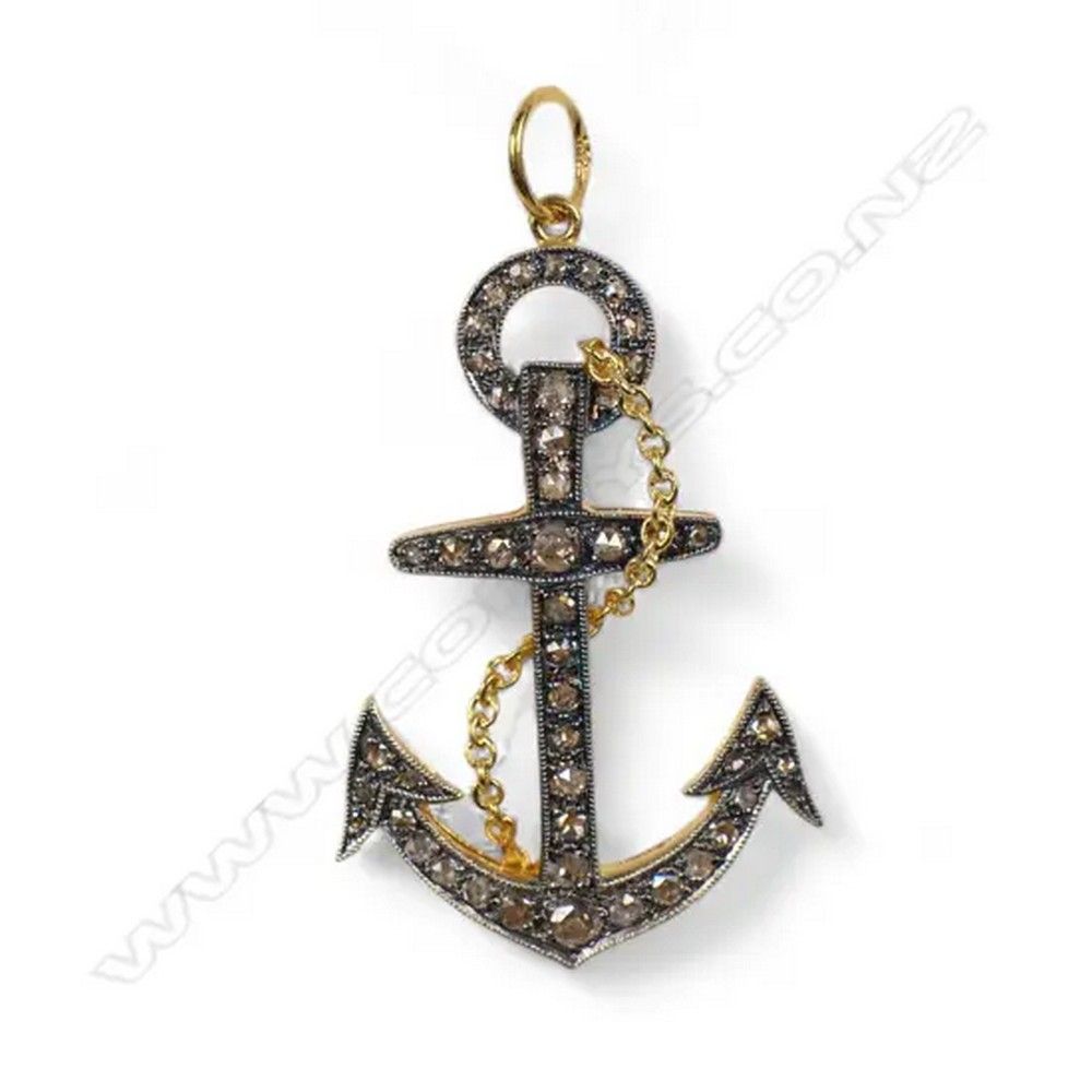 Silver Gilt Diamond Anchor Pendant with 43 Rose Cut Diamonds - Pendants ...