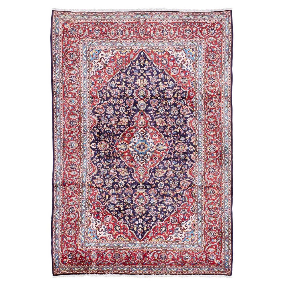 Claret Red Persian Carpet with Floral Design and Blue Border - Rugs ...