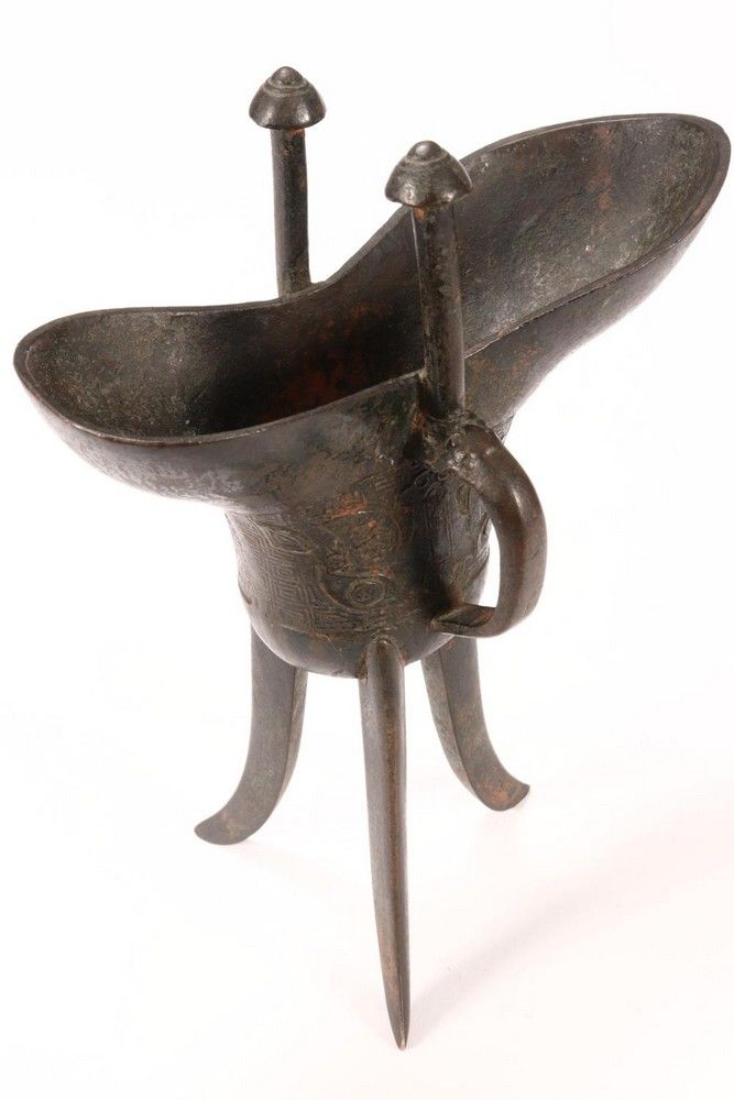 Archaic Chinese Bronze Jue Cup with Decorative Handle and Legs - Bronze ...