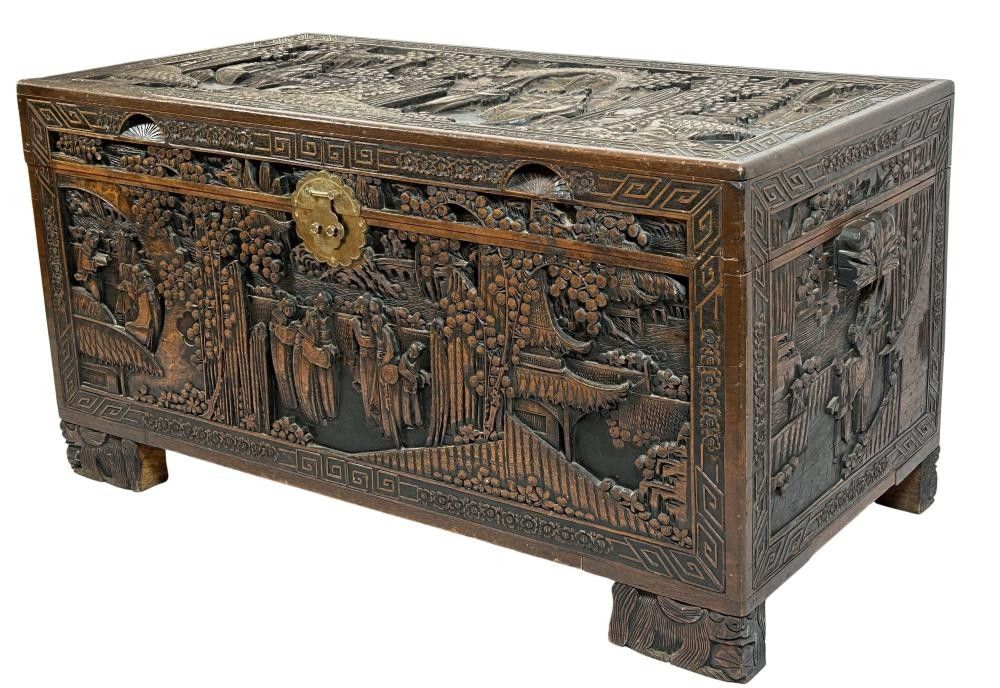 Vintage Chinese Camphor Wood Chest with Detailed Carvings and Brass ...