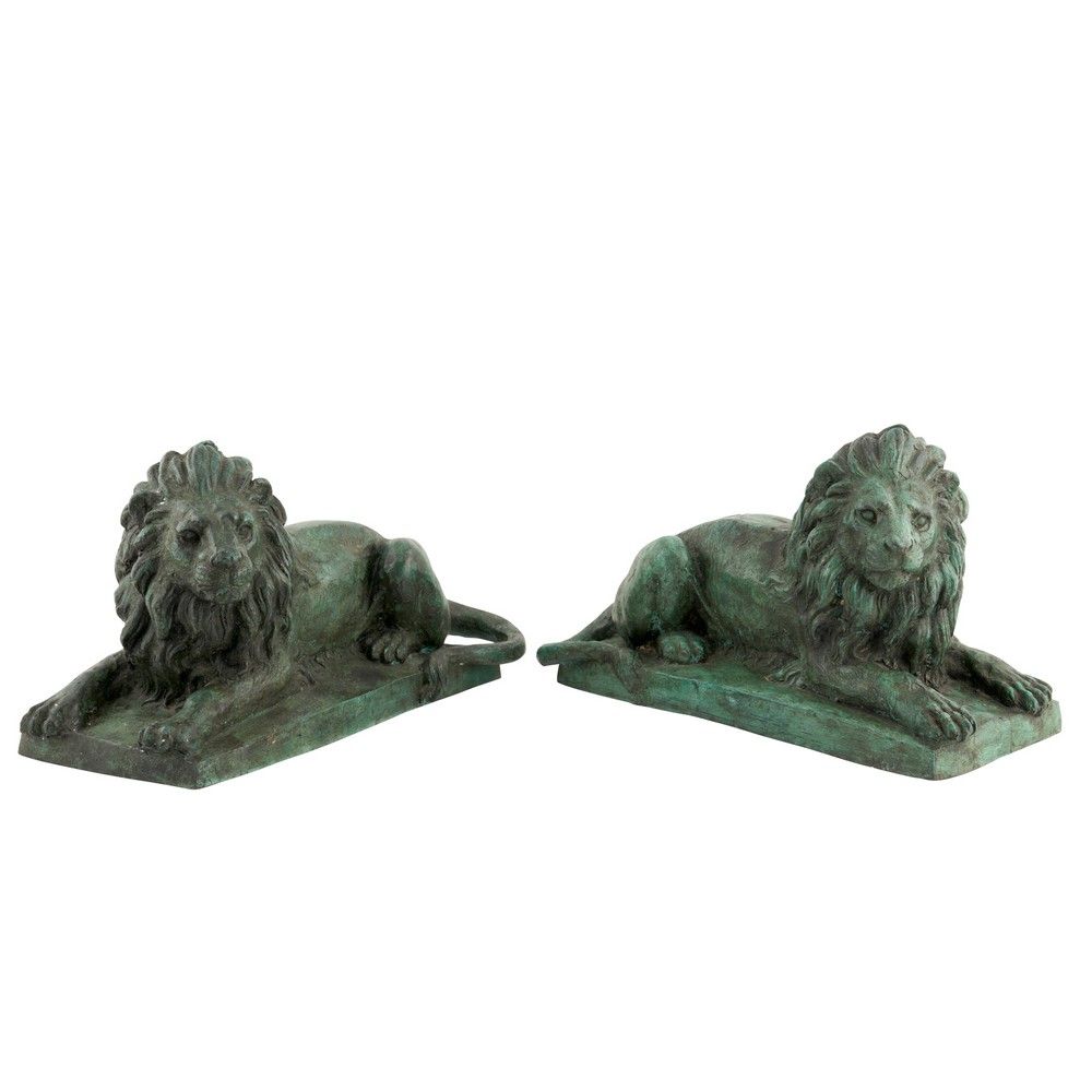 Pair of bronze recumbent lions in verdigris finish, late 20th century ...