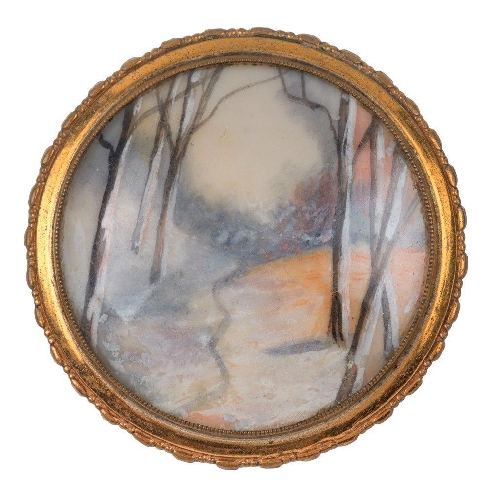 English circular enamel brooch with winter landscape scene, circa 1930 ...