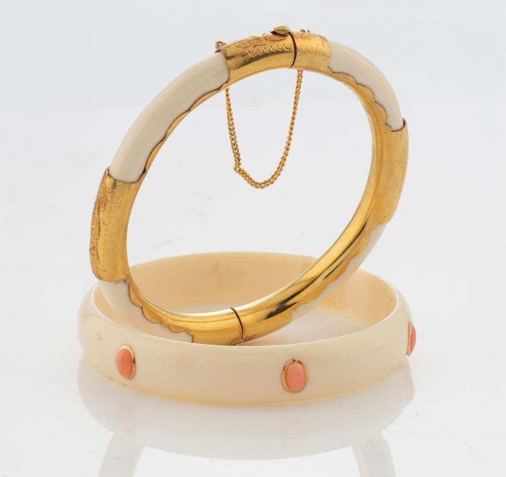 Ivory Bangles with Gold Plated Decoration and Coral Accents - Bracelets ...
