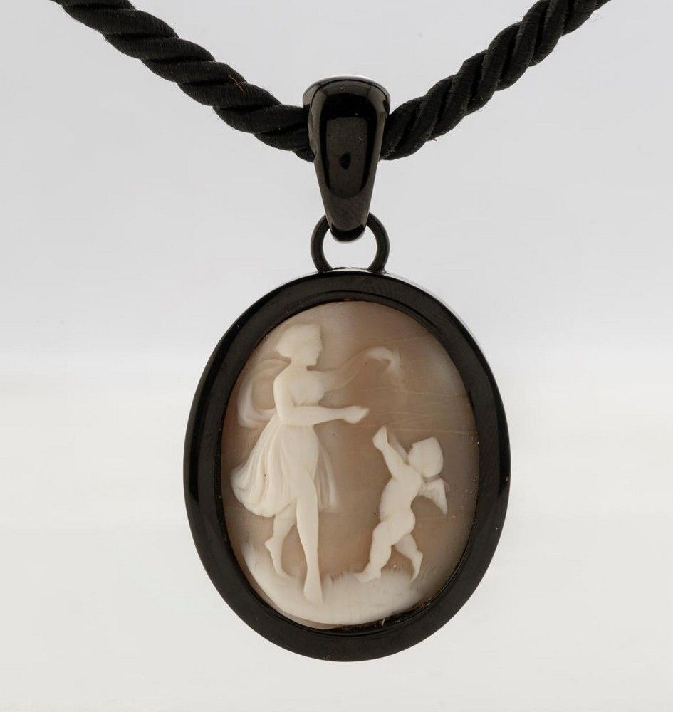 Antique Jet and Shell Cameo Pendant with Angel and Putti - Pendants ...