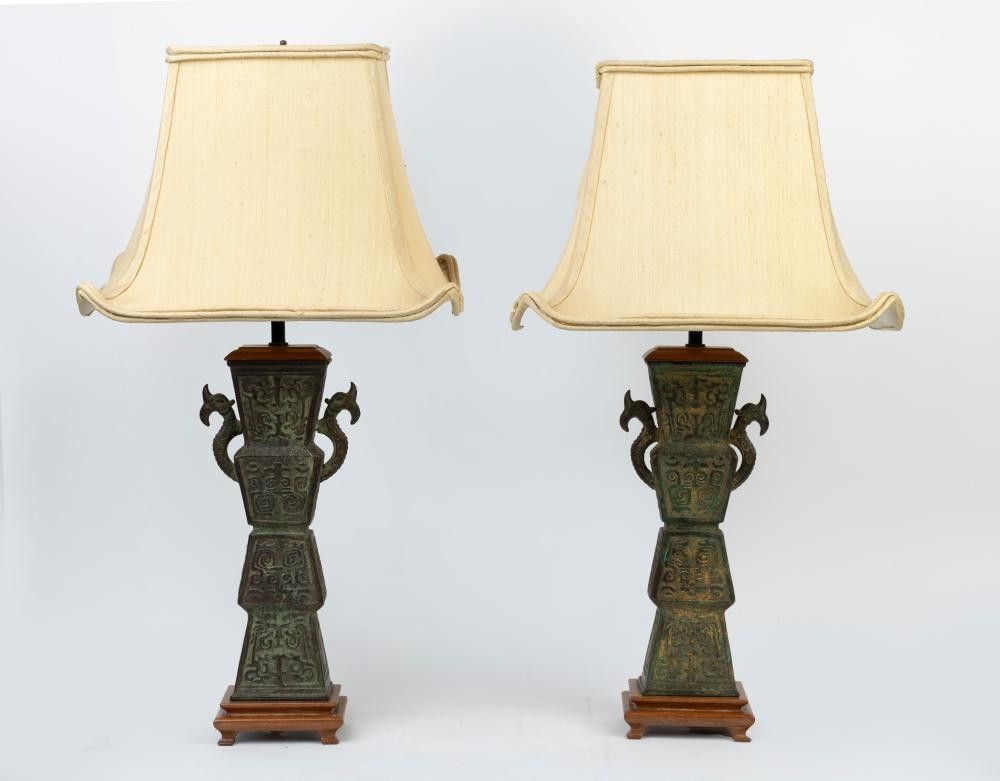 Chinese-style Bronze Lamp Bases with Dragon Handles and Silk Shades ...