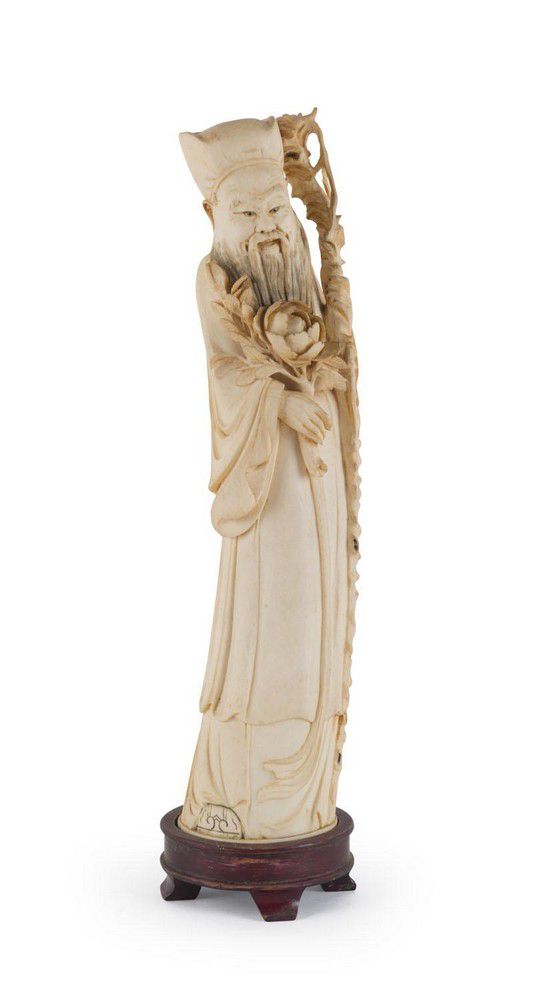 Chinese Ivory Scholar Statue with Wooden Stand - Ivory - Oriental