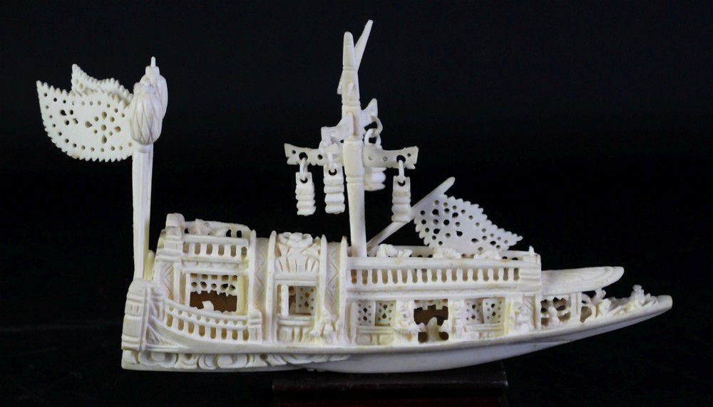Ivory Junket Boat on Stand with Minor Wear - Zother - Lighting