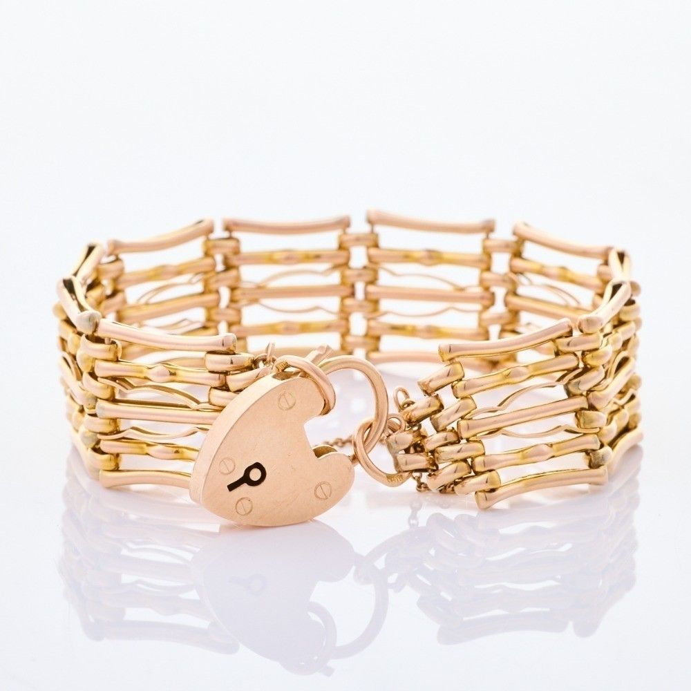 Vintage 9ct Yellow Gold Gate Bracelet with Heart Padlock - Bracelets ...