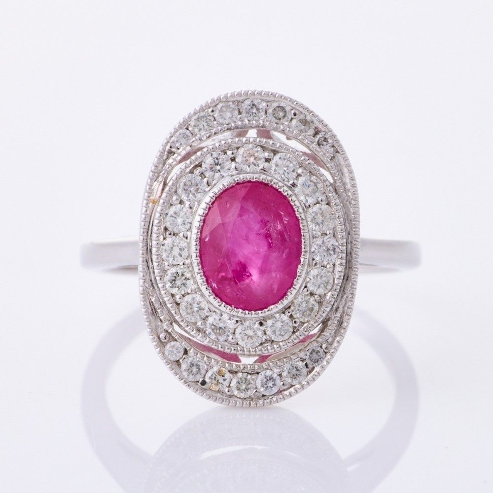18ct White Gold Ruby Ring with Diamond Halo, Size O - Rings - Jewellery
