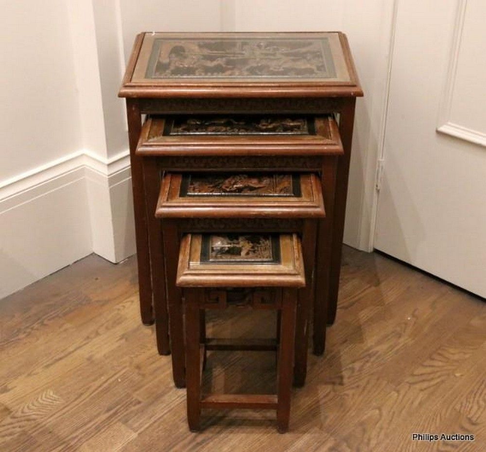 Vintage Oriental Nesting Tables with Relief Carved Tops and Glass ...