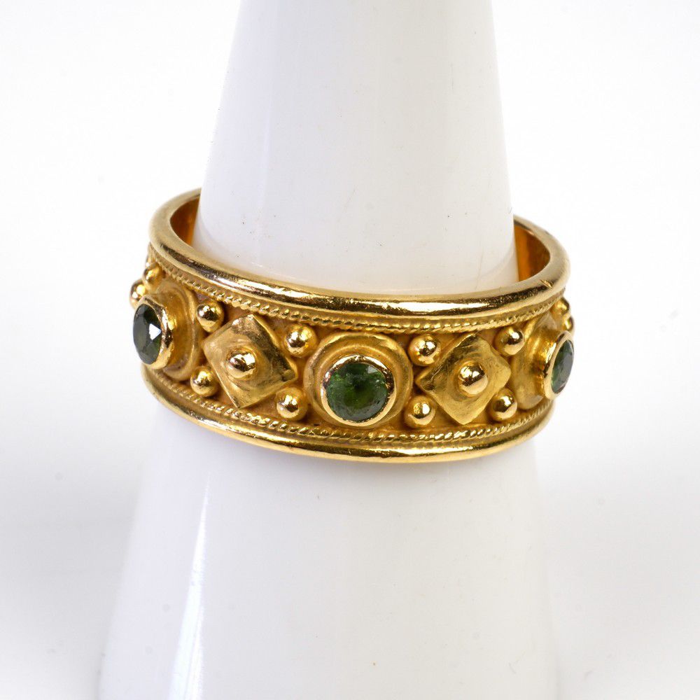 22ct Gold Ring with Green Gemstone, Size R - Rings - Jewellery