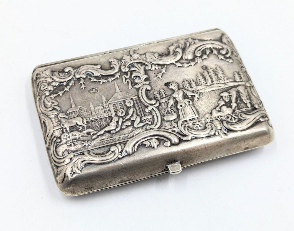Sterling silver cigarette case with village scene and cherubs - Smoking ...