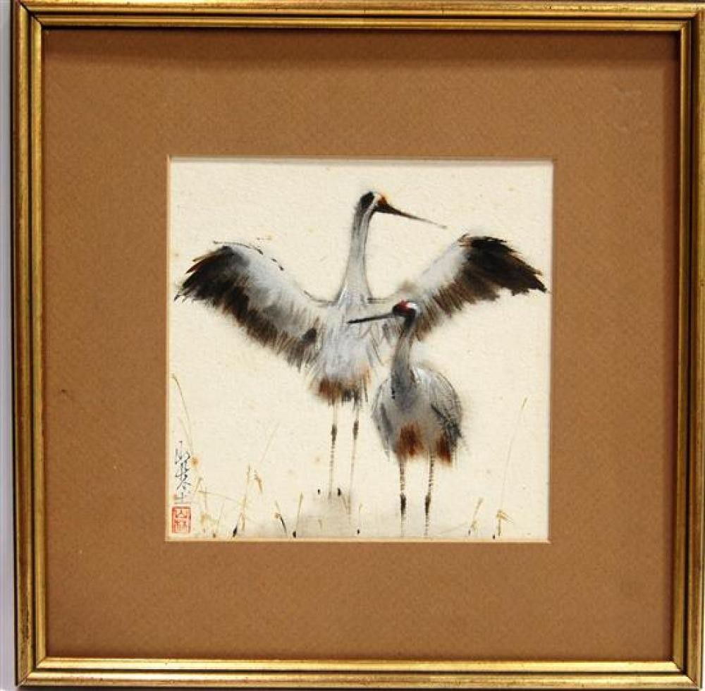 Red Crested Cranes Pair on Handmade Paper - Art - Oriental