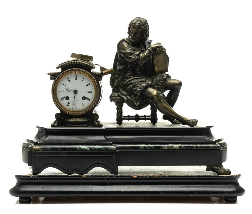 French Style Bronze Figural Mantel Clock on Wooden Base - Clocks ...