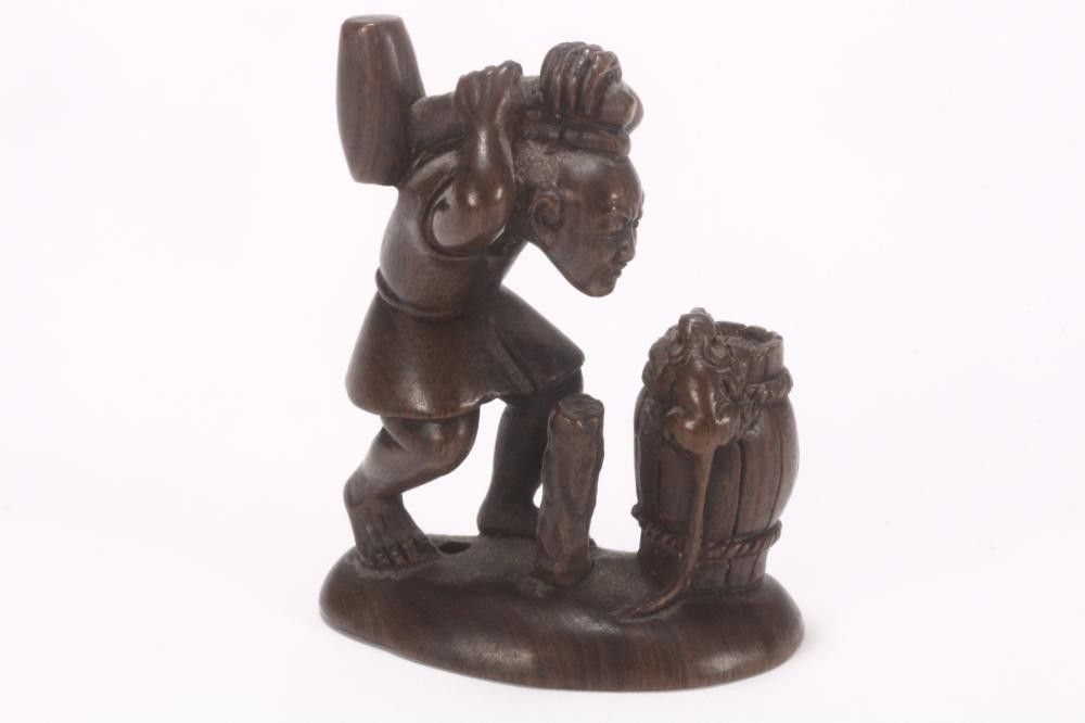 Wooden Netsuke Figure with Hammer and Rat on Barrel - Netsuke - Oriental