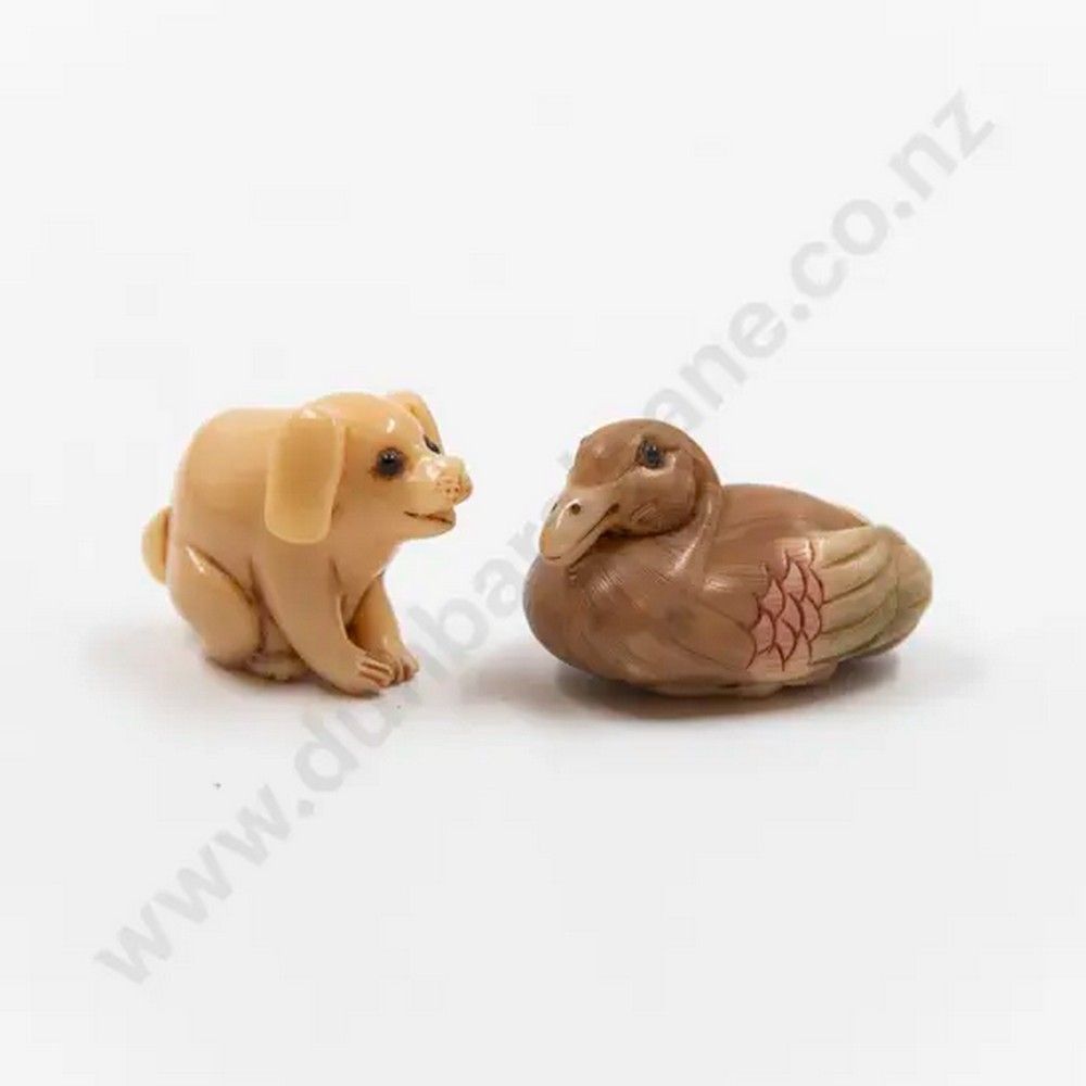 Signed Pig and Duck Vegetable Ivory Netsuke Pair - Netsuke - Oriental