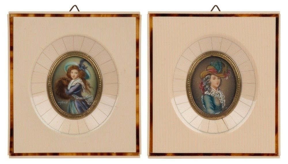 Italian hand painted oval miniature portraits in ivory frames, 20th ...