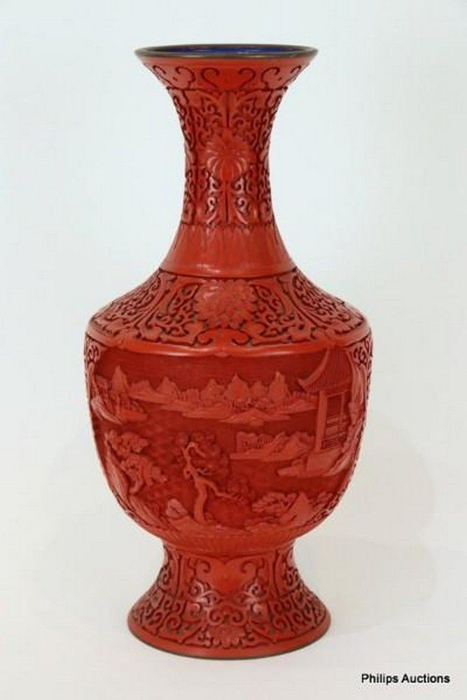 Mid 20th Century Chinese Cinnabar Lacquer Baluster Vase - Zother - Oriental